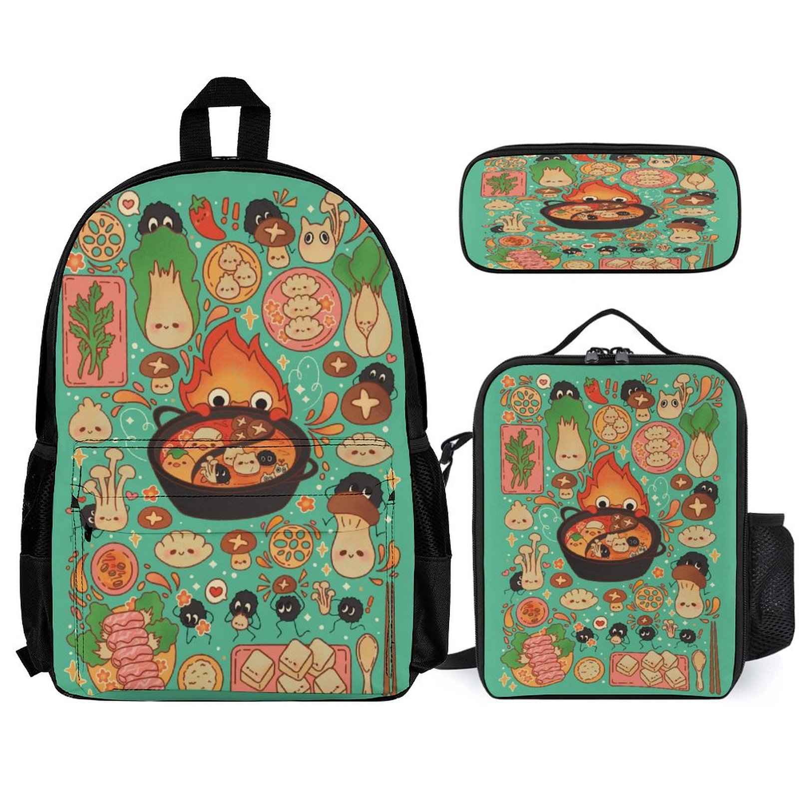 3PCS Howls Moving Castle Fire Backpacks Set Backpack with Lunch Box ...