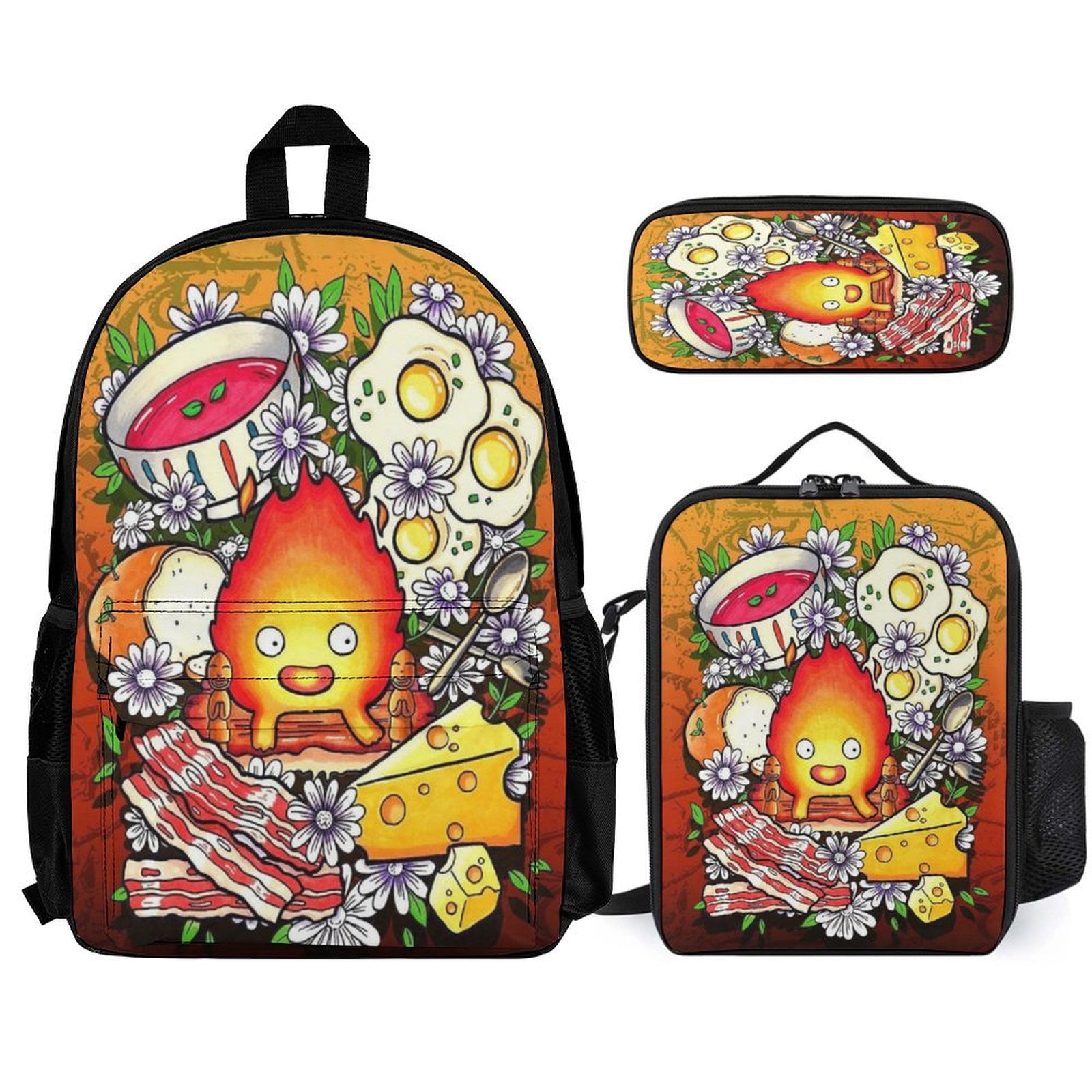 3PCS Howls Moving Castle Fire Backpacks Set Backpack with Lunch Box ...
