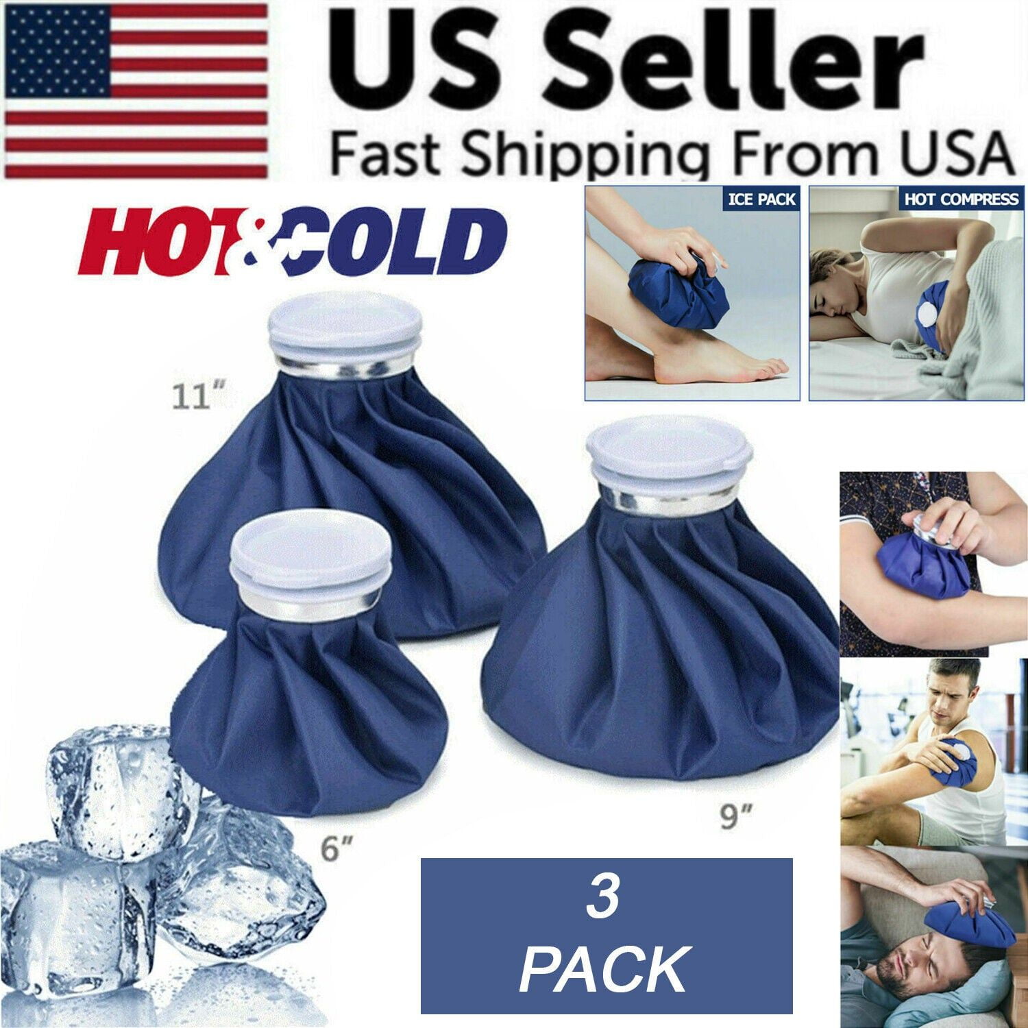 3PCS Ice Bags Packs Knee Neck Reusable Cold Relief Pain Headache Sport ...