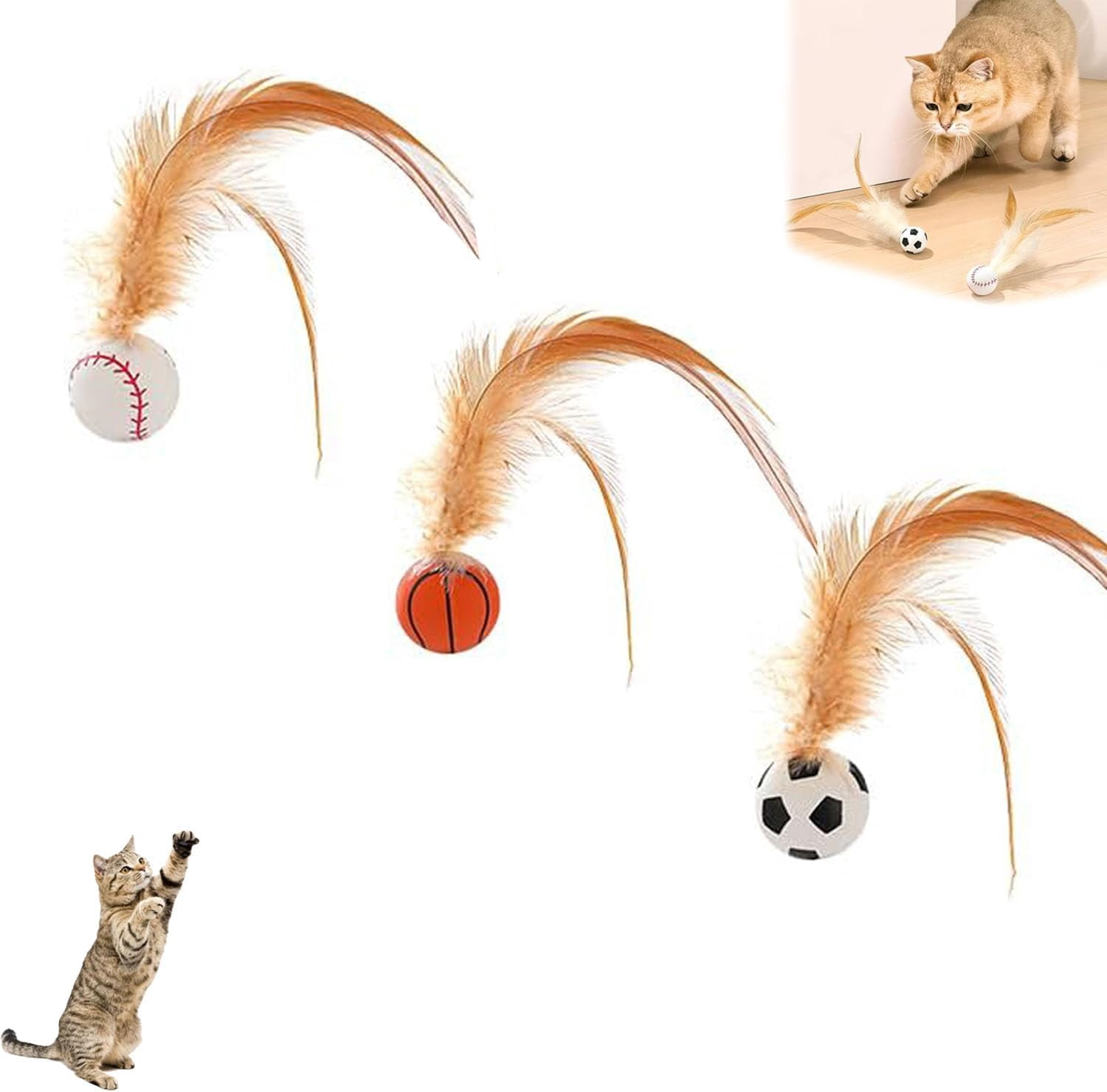 3PCS Interactive Badminton Toy Set Cat, Cat Feather Balls Toy, Indoor ...