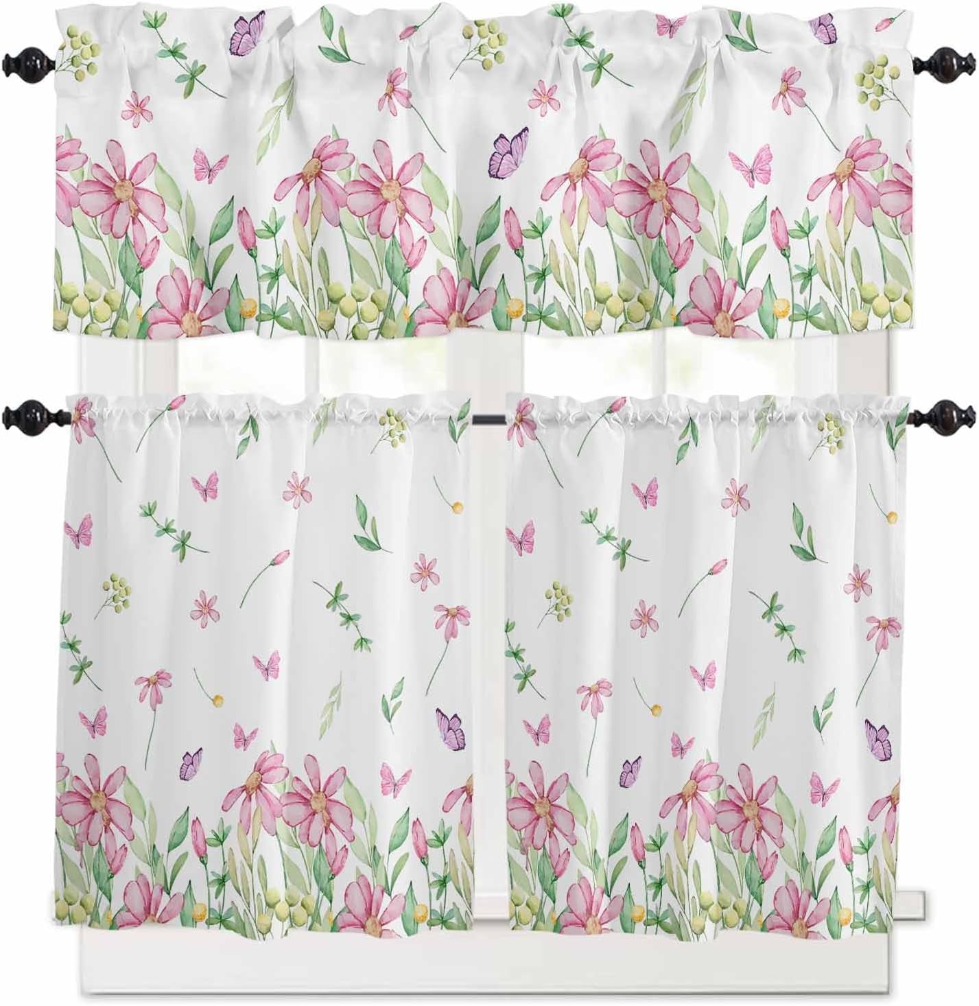 3PCS Kitchen Curtains Valance and Tiers Set Semi Sheer Kitchen Curtain Valance Window Spring ...