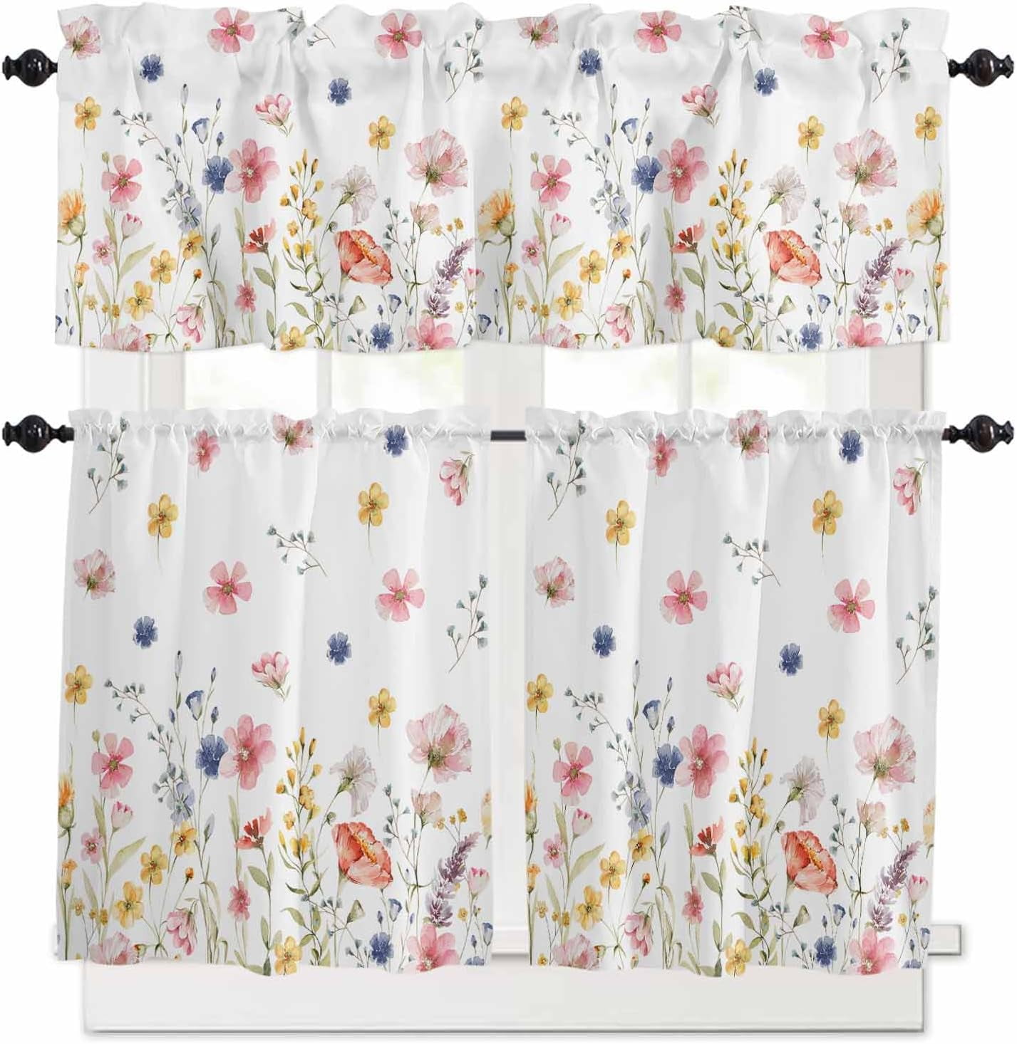 3PCS Kitchen Curtains Valance and Tiers Set Semi Sheer Kitchen Curtain ...