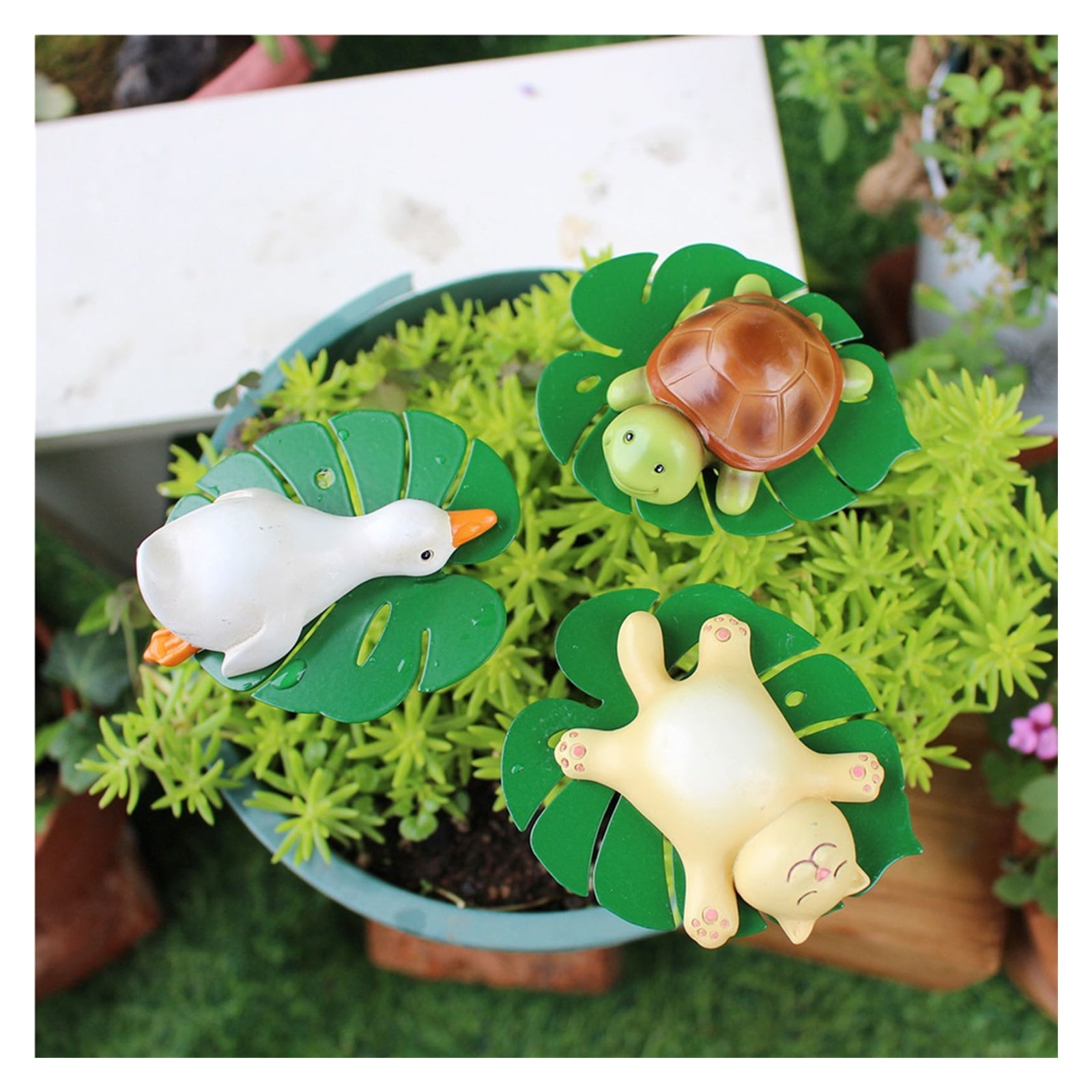 3PCS Kitten, Duck And Turtle Lying Lazily On Leaves Garden Decorations ...