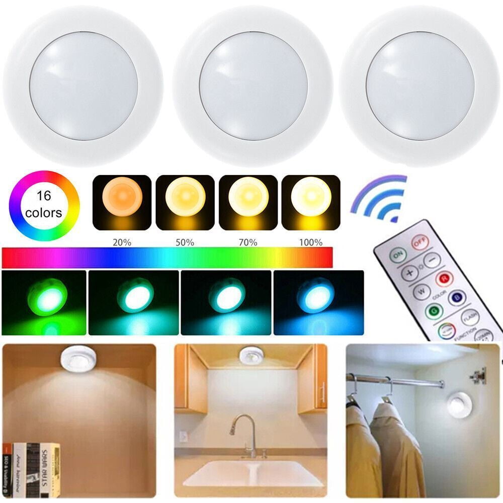 3PCS LED Puck Light Wireless Under Cabinet Lighting Kit Kitchen Counter ...