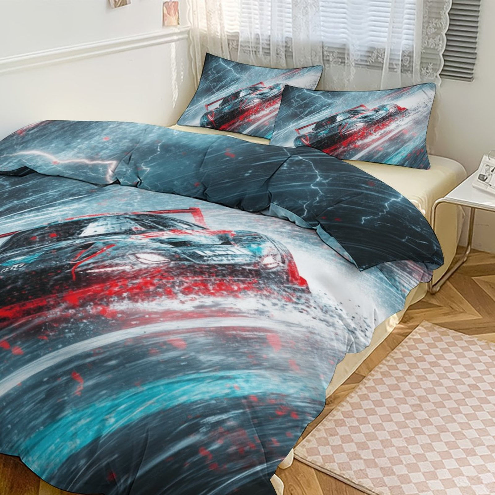 3PCS Lightning Pattern Race Car Duvet Cover Set Twin, 1 Duvet Cover And ...