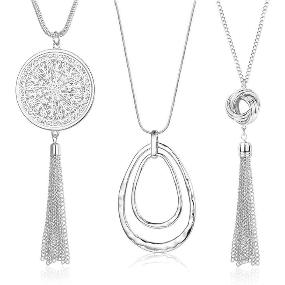 3PCS Long Pendant Necklaces for Women Knot Disk Circle Tassel Statement ...