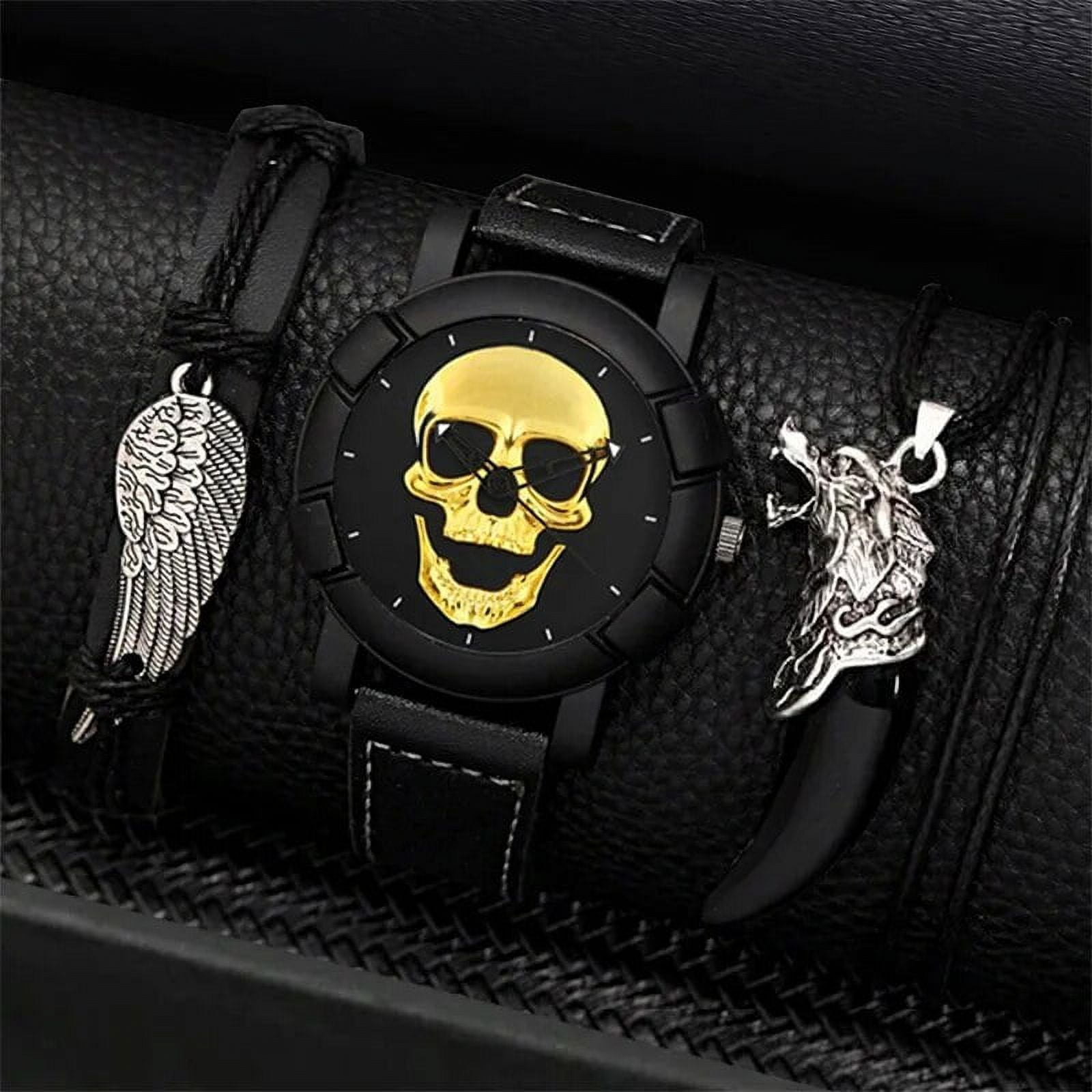 3PCS Luxury Mens Skull Watches Classic Men Business Leather Quartz ...