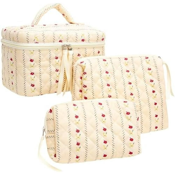 3PCS Makeup Bag SET Large Travel Quilted Zipper Soft Cosmetic Case ...