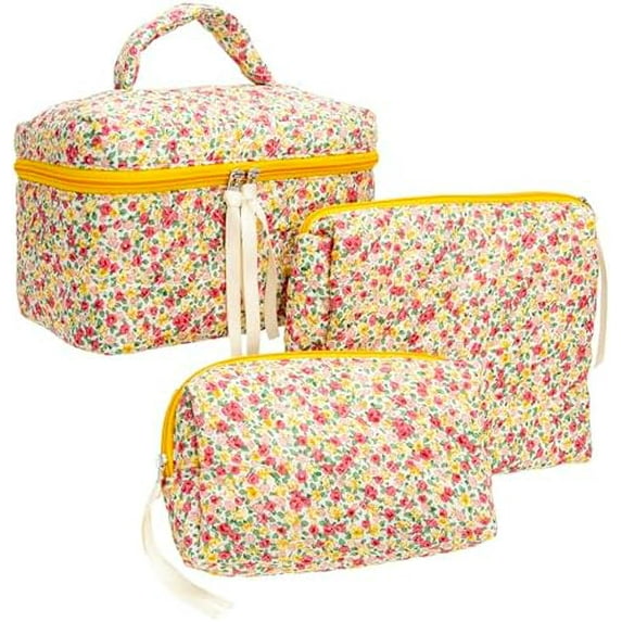 3PCS Makeup Bag SET Large Travel Quilted Zipper Soft Cosmetic Case ...