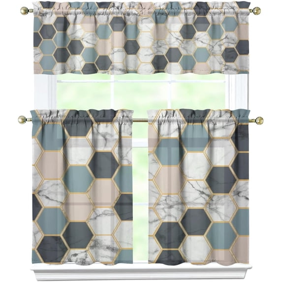 3PCS Marble Pattern Kitchen Curtain Valance Set Funny Small Window ...