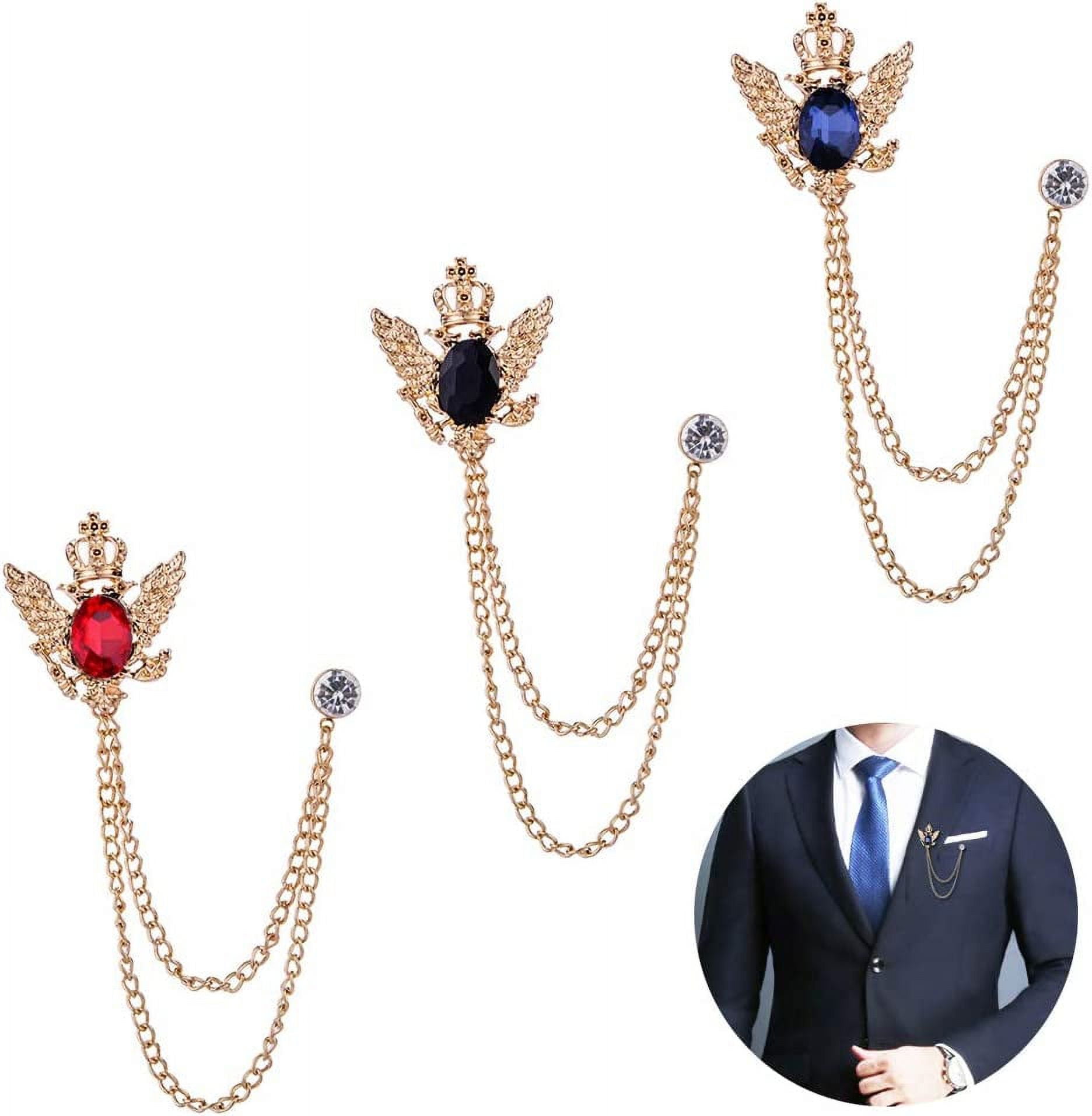 3PCS Men's Brooch Suit Pin Badge with Chains Brooch Buckle Chain Collar ...