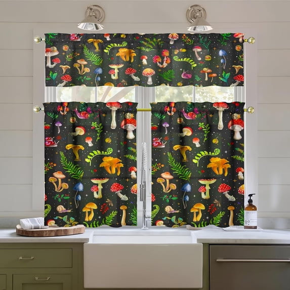 3PCS Mushroom Kitchen Curtain & Valance Set Funny Small Window Drapes ...