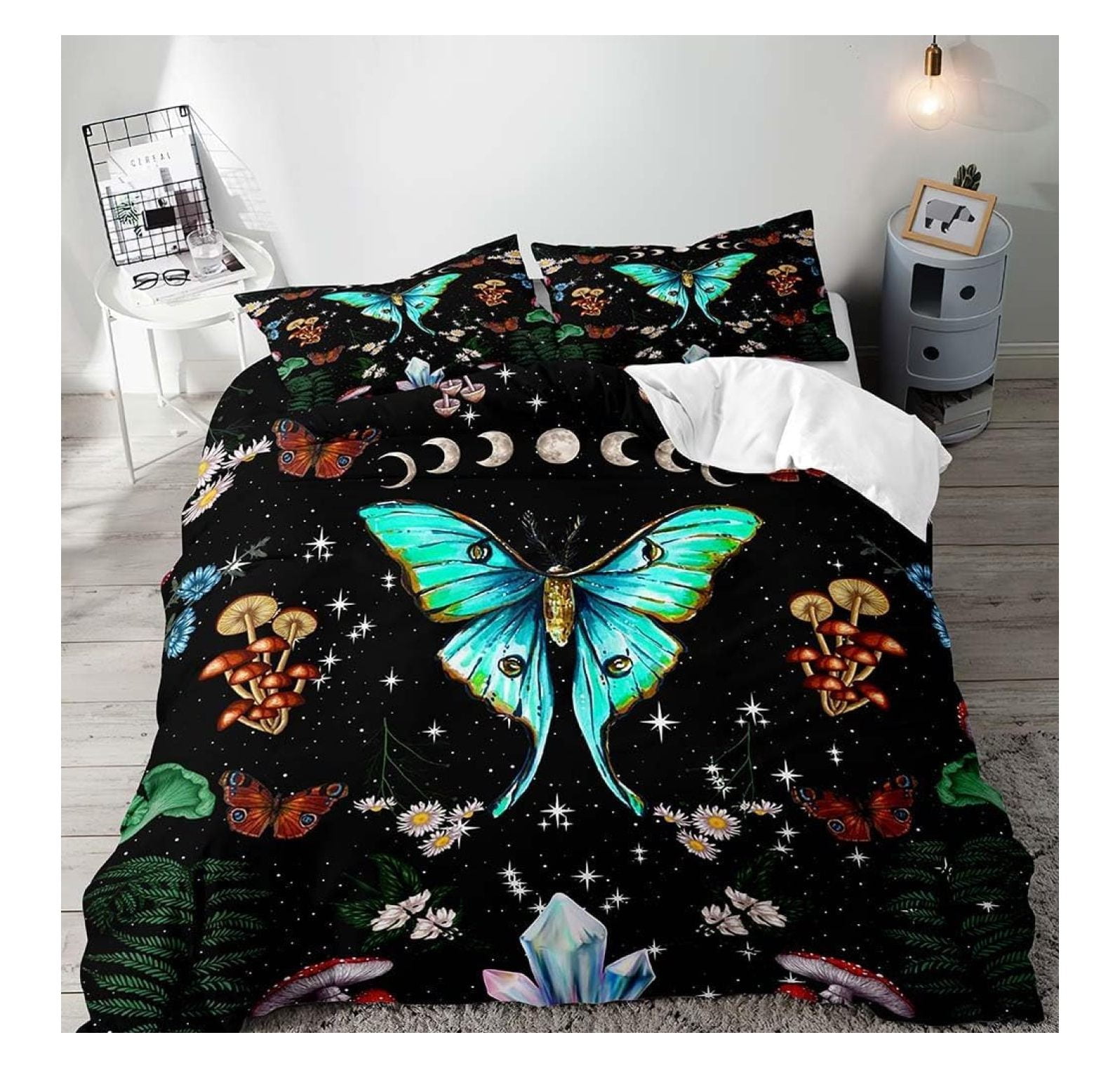 3PCS Mushroom Teal Moth Duvet Cover King Bedding Set, Boho Aesthetic ...