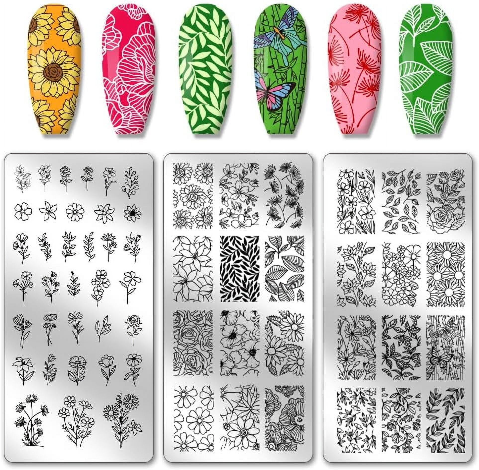 3PCS Nail Stamping Plates Nail Stencils Plant Print Nail Stamper ...