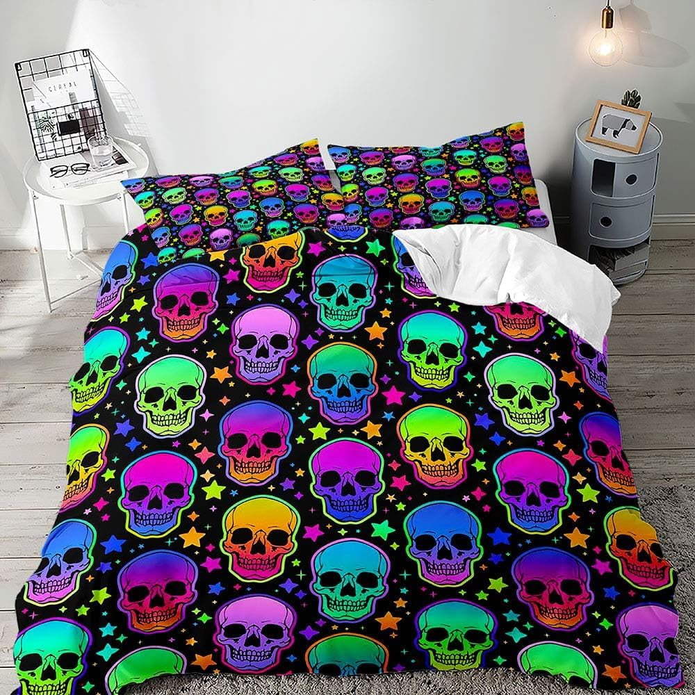 3PCS Neon Colorful Skull Bedding, Duvet Cover 68x90 inch , Halloween ...