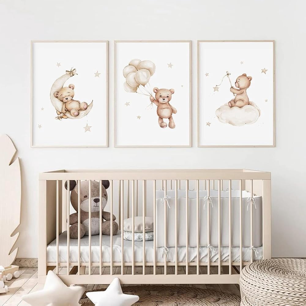 3PCS Neutral Cute Teddy Bear Baby Wall Art Canvas Hot Air Balloon Bear ...