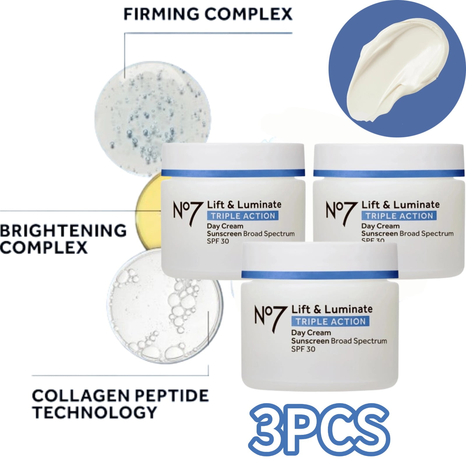 3PCS No7 Lift & Luminate Triple Action Fragrance Free Day Cream SPF 30 ...
