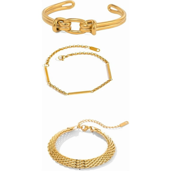 3PCS Non Tarnish Women Bracelets Set,18K Gold Plated Stackable Open ...