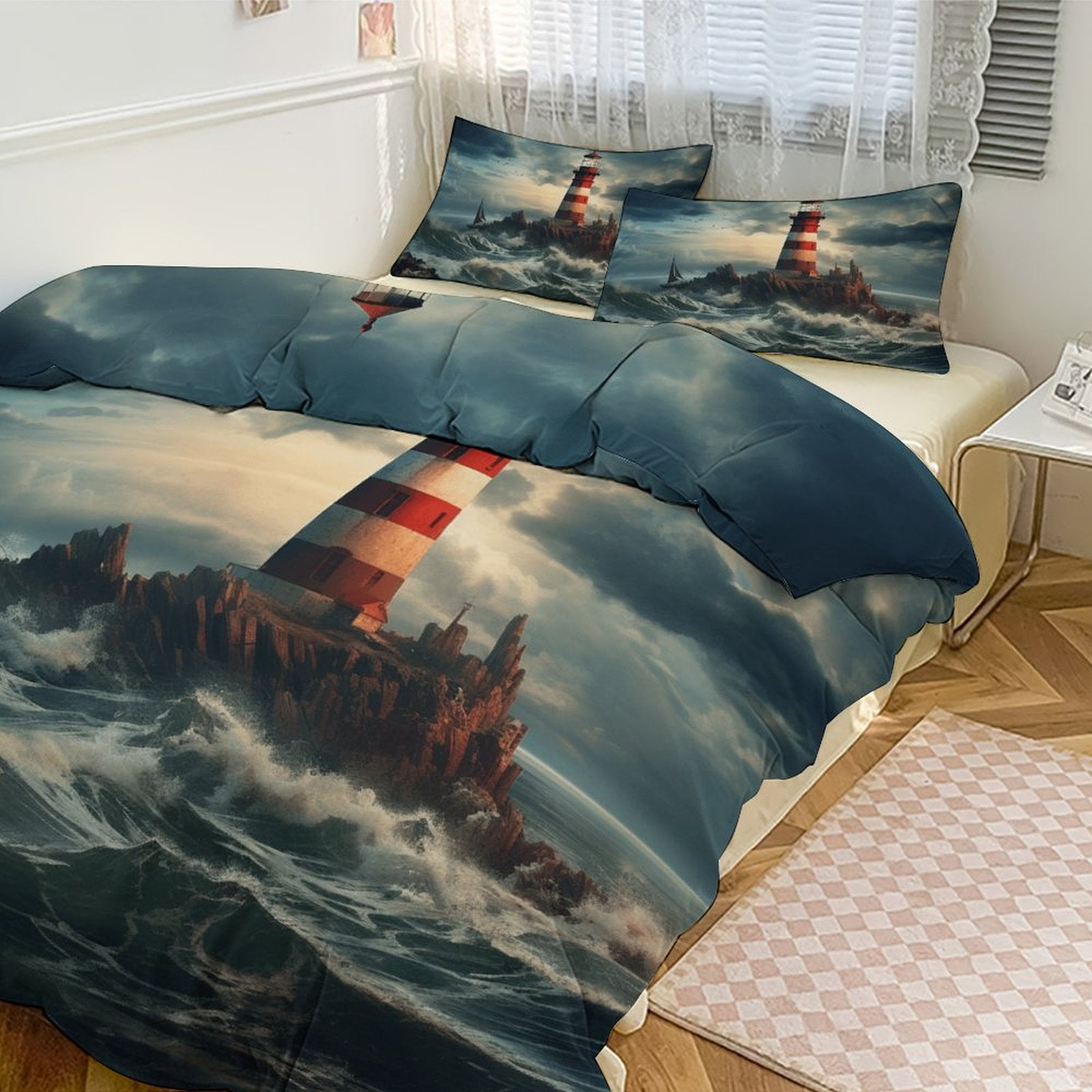 3PCS Ocean Lighthouse Duvet Cover Set Twin, 1 Duvet Cover And 2 ...