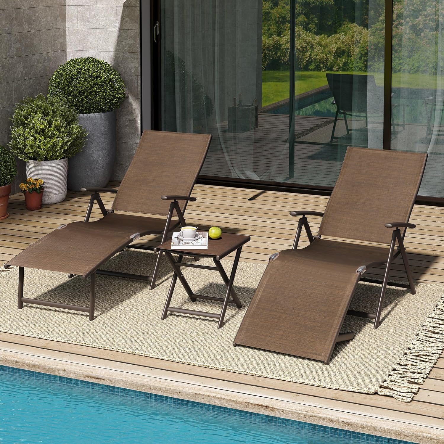 3PCS Outdoor Chaise Lounge & Table Set, Textiline Folding Chaise with ...