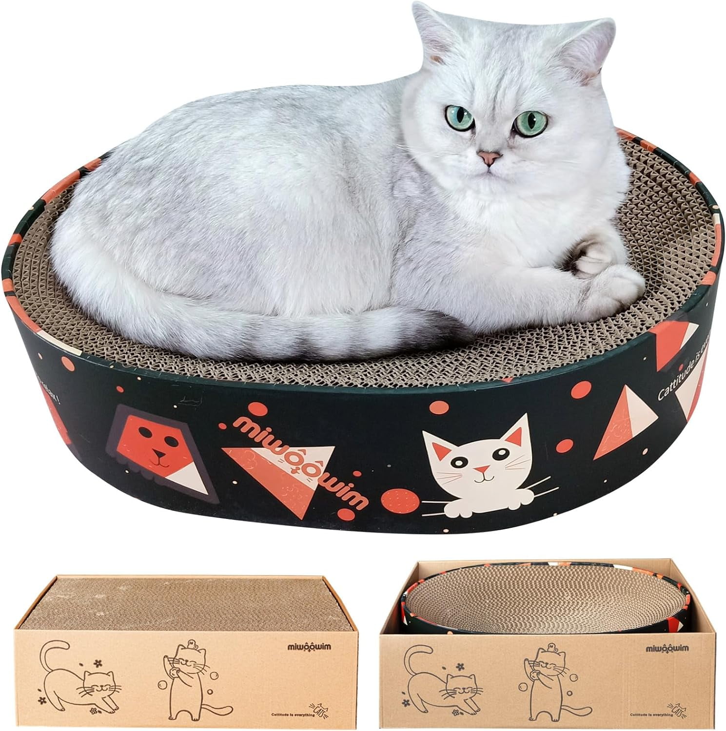 3PCS Oval Shape Cat Scratcher Cardboard Bed, Corrugated Scratch Pad ...