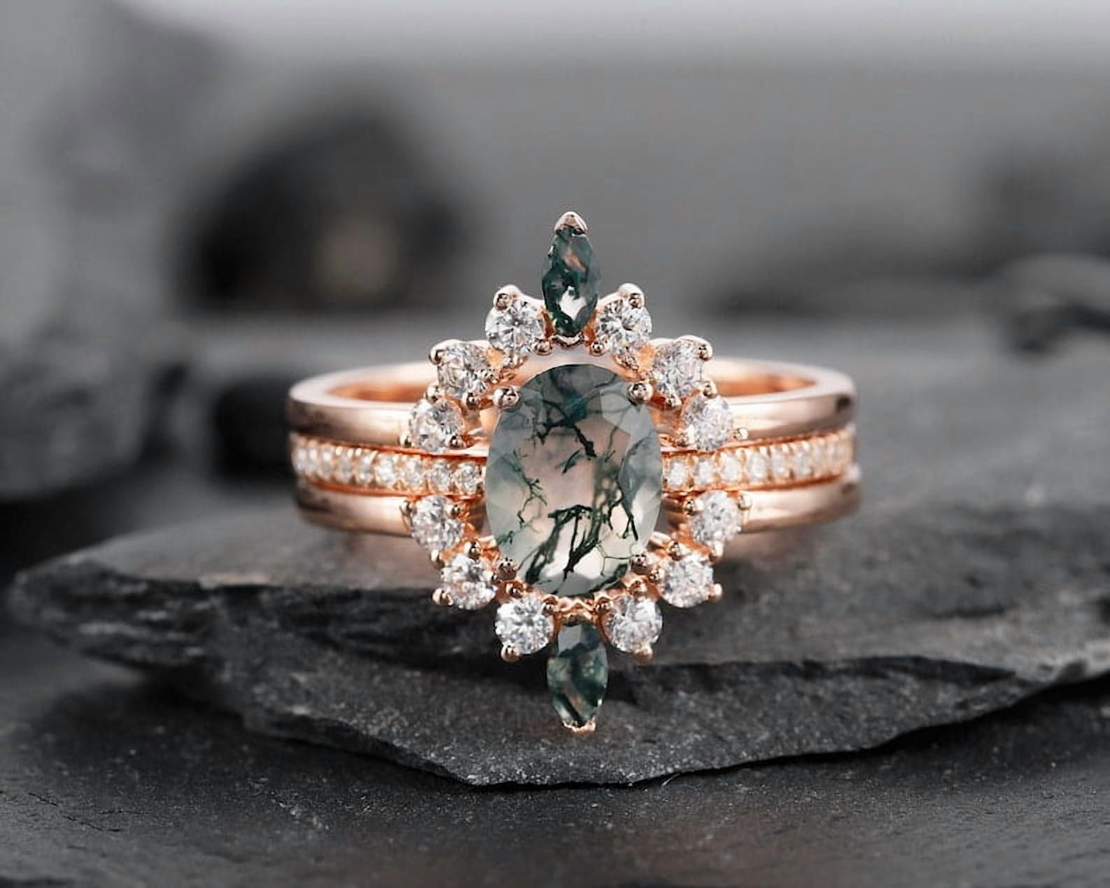 3PCS Oval Shape Moss Agate Engagement Ring Set, 14K Gold Plated Promise Wedding Rings Bridal Set ...