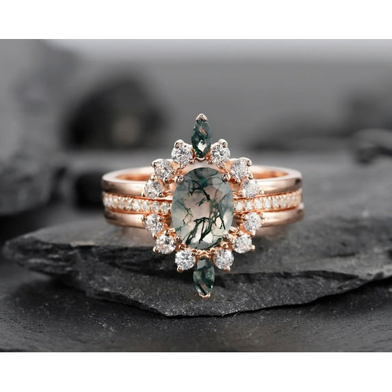 3PCS Oval Shape Moss Agate Engagement Ring Set, 14K Gold Plated Promise ...