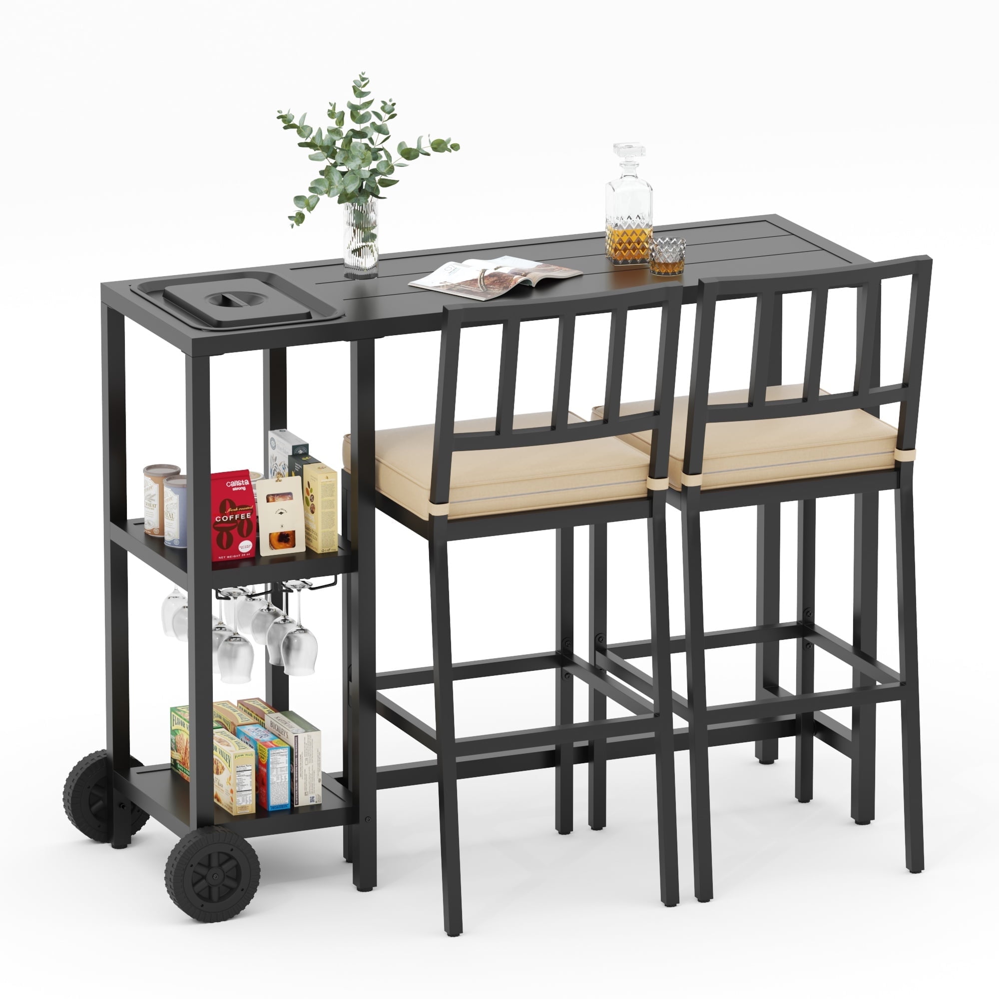 3PCS Patio Bar Set Outdoor Metal Bar Dining Table with Stemware Racks ...