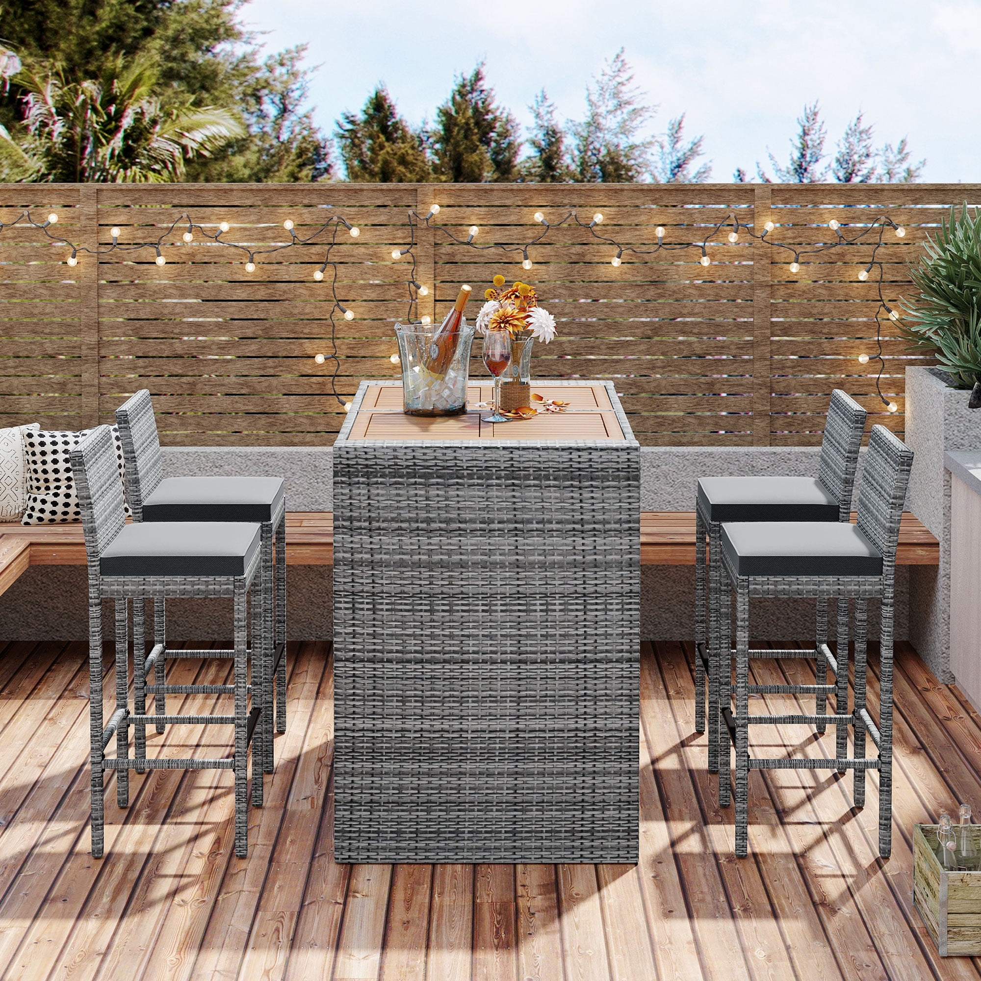 Brown Rattan Patio Bar Set - 3PCS Outdoor Dining & Storage, Cushioned ...
