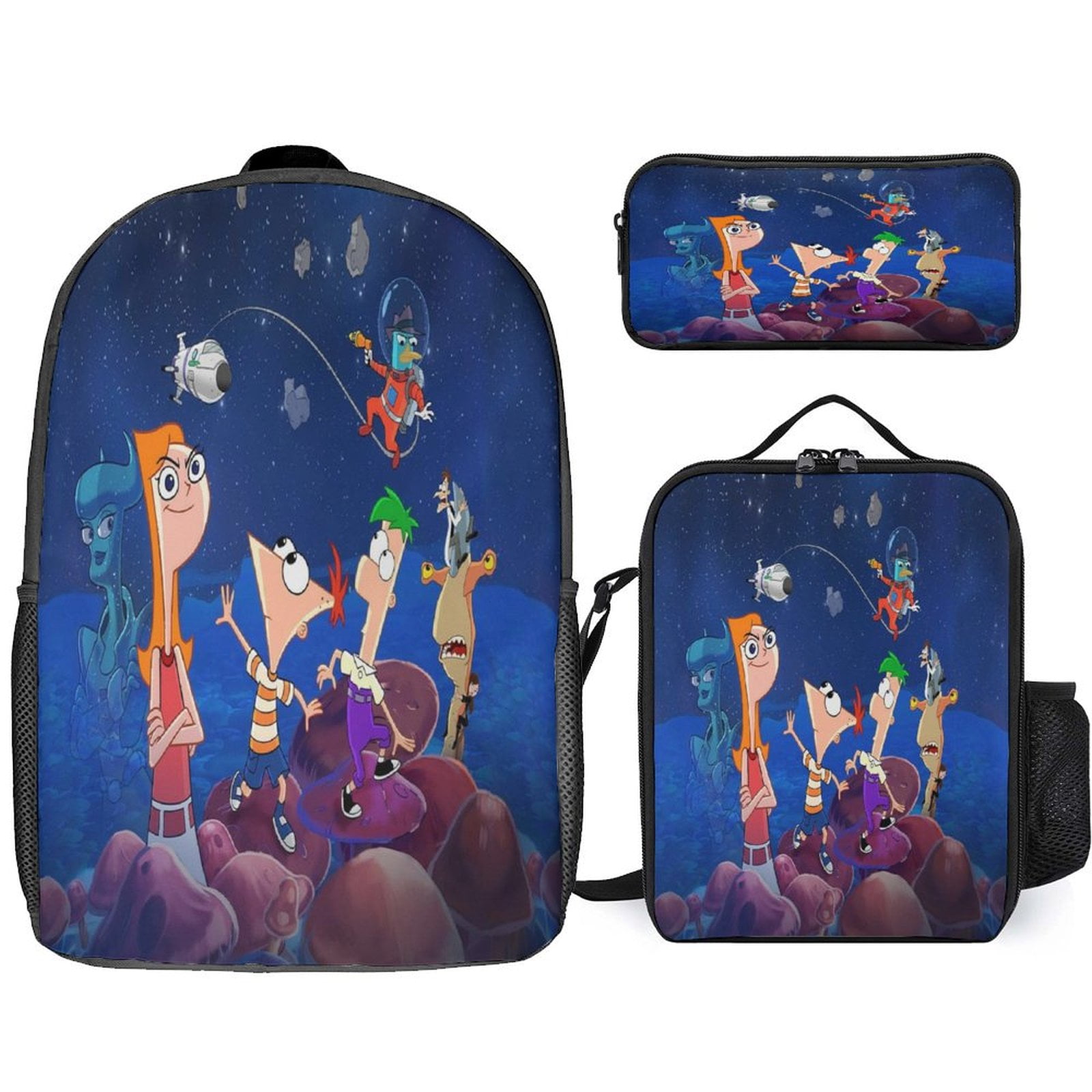 3PCS Phineas Fer Backpack Set Large Capacity Bookbag with Lunch Box and ...