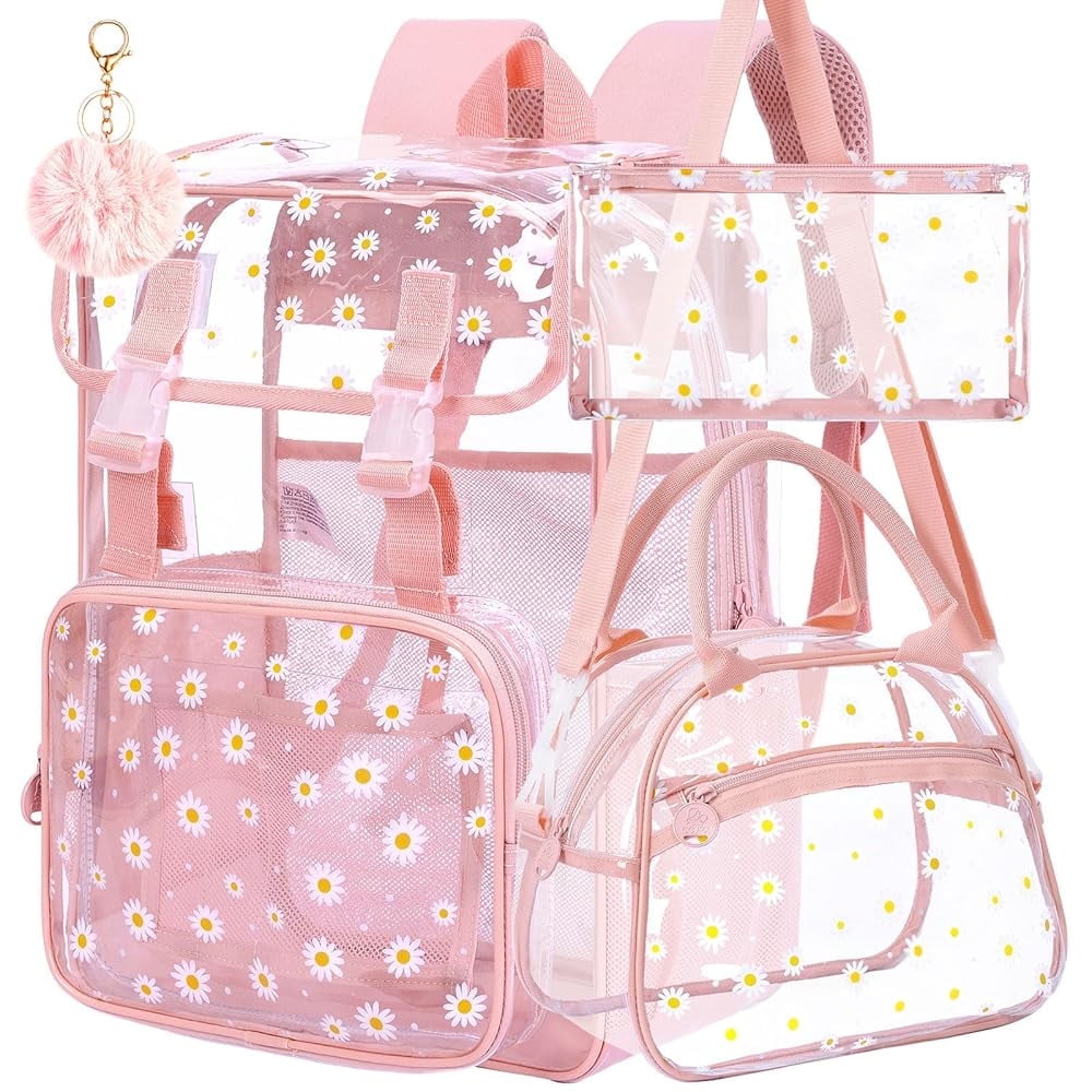 3PCS Pink Clear Backpack, Heavy Duty Transparent Bookbag for Girls ...