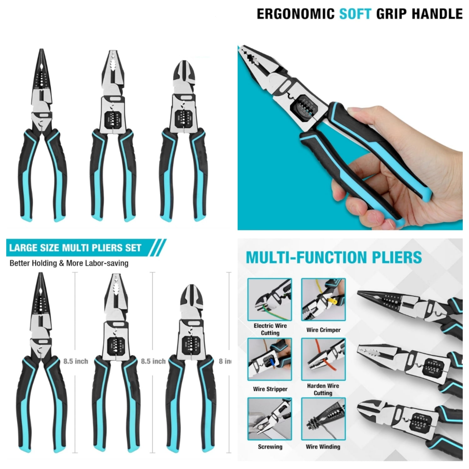 3PCS Pliers Set, Large 6 in 1 Multifunctional Wire Stripper Crimper ...