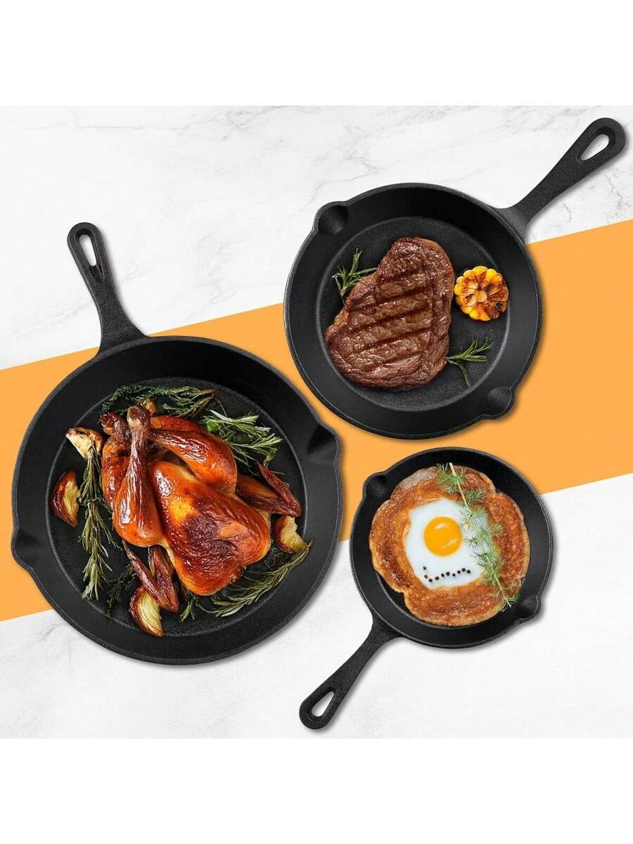 3PCS Pre-Seasoned Cast Iron Saute & Fry Pan Set - 6"/8"/10" Wok ...