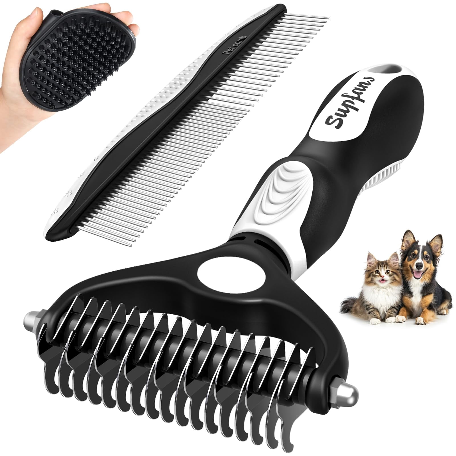 3PCS Premium Dog Grooming Kit - ATT1I Deshedding Brush & Metal Comb for ...