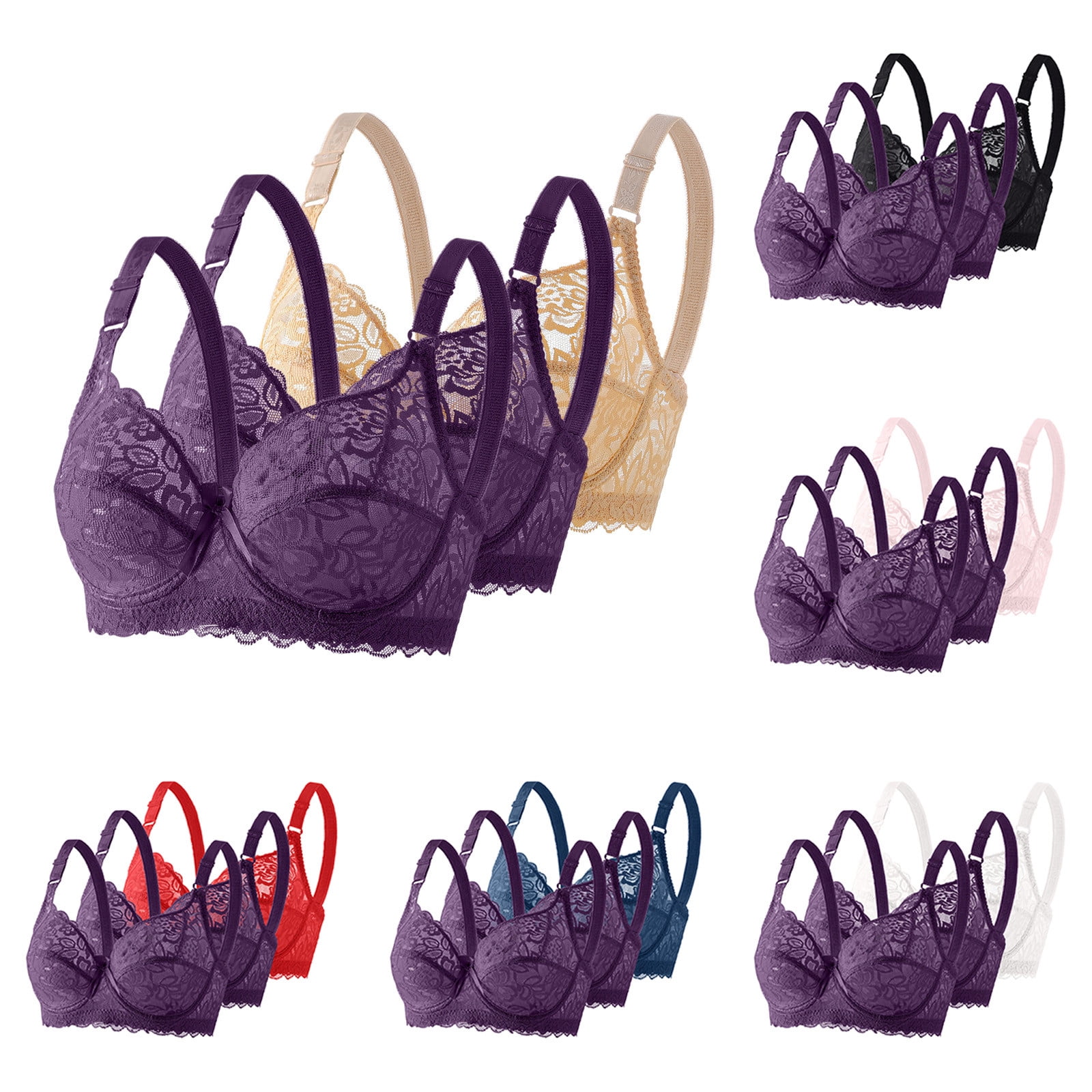 3PCS Push up Plus Size Women's Bras Solid Color Underwire Breathable ...