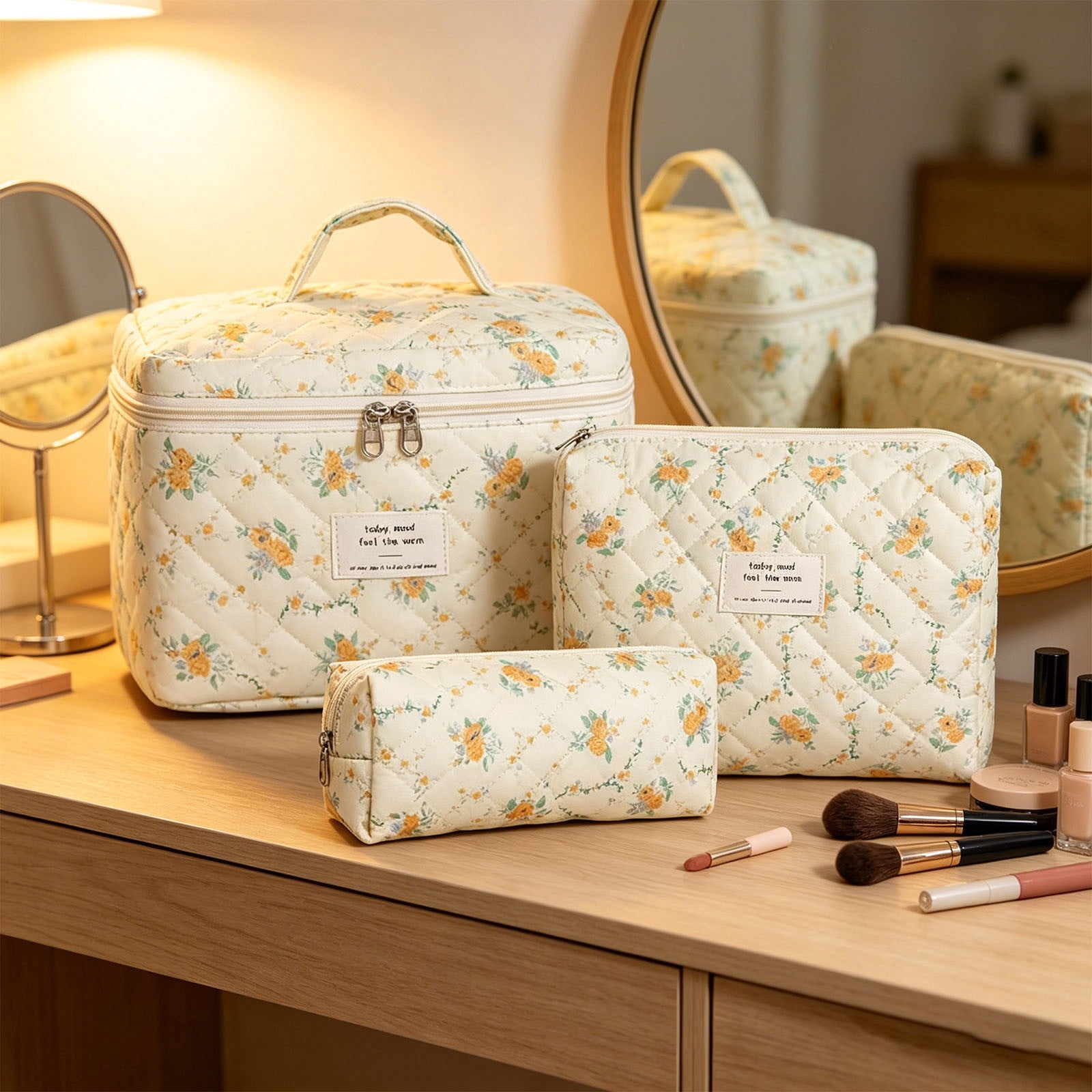 3PCS Quilted Floral Makeup Bag Set – Large Travel Cosmetic Pouch ...