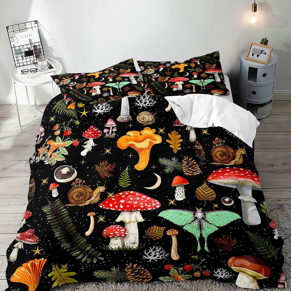 3PCS Red Mushroom Bedding Set, Black Duvet Cover 90x90 inch , Teens ...