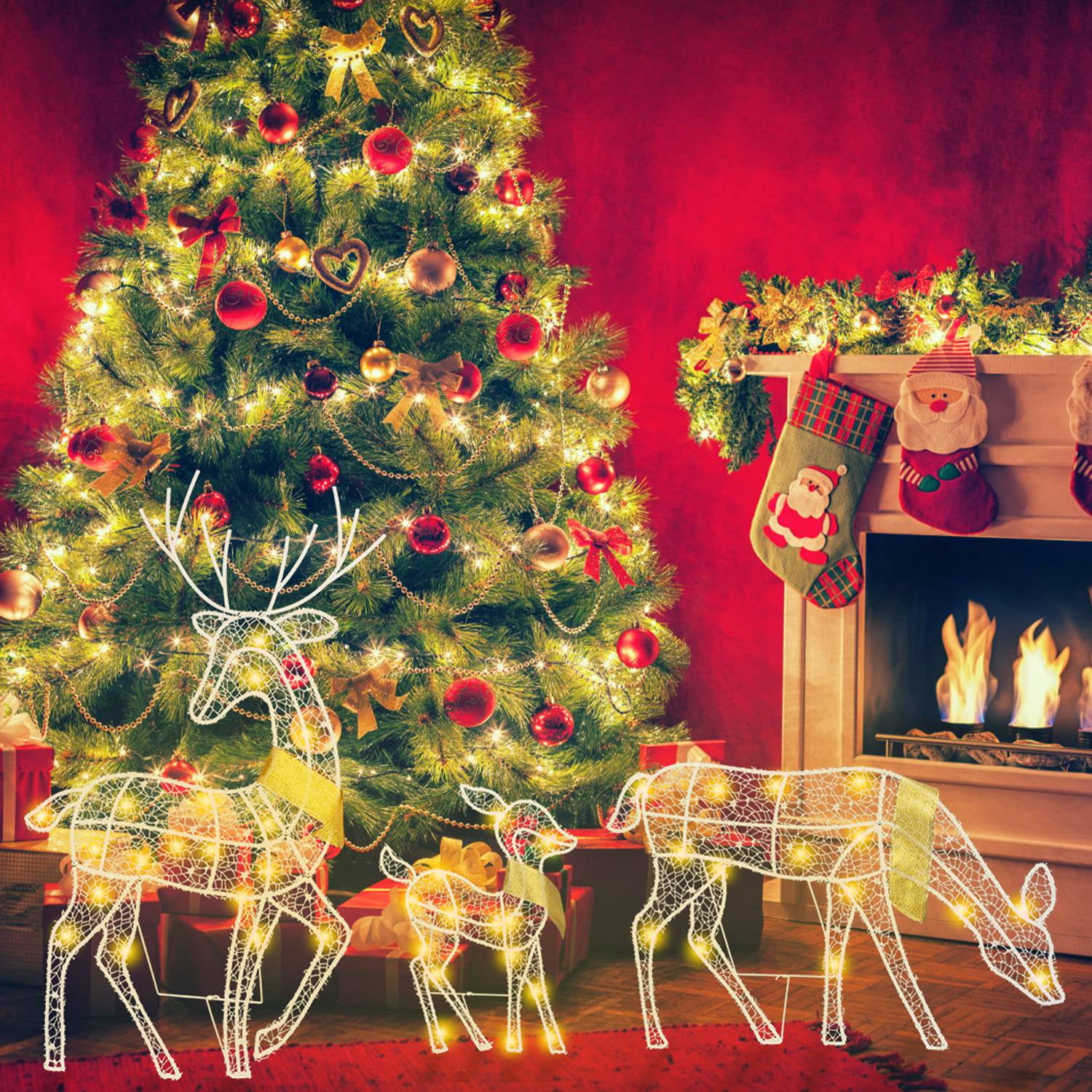 3PCS Reindeer Family Lighted TeqHome 2D Christmas Deer Decoration 3 ...