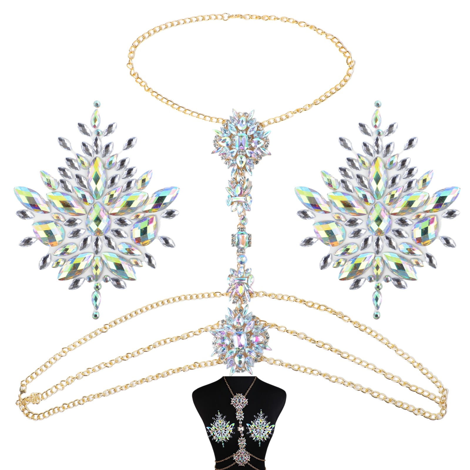 3PCS Rhinestone Chest Sticker Set, Adhesive Glitter Breast Gem ...