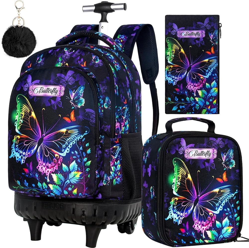 3PCS Rolling Backpack for Girls Women, Kids Roller Bookbag with Wheels ...