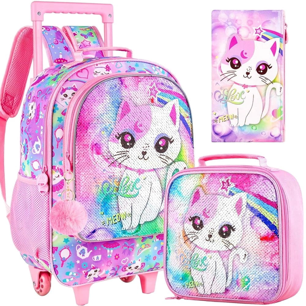 3PCS Rolling Backpack for Girls and Boys, Kids Unicorn Dinosaur Wheeled ...