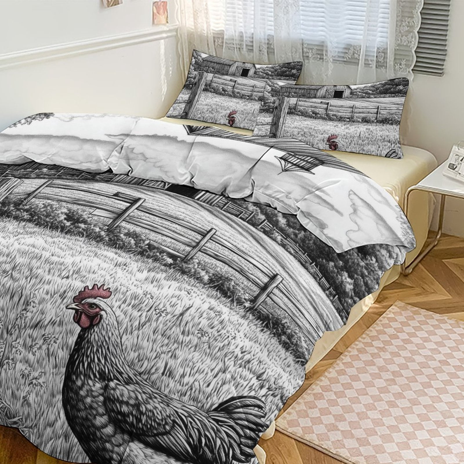 3PCS Rooster Farm Duvet Cover Set Twin, 1 Duvet Cover And 2 Pillowcase ...