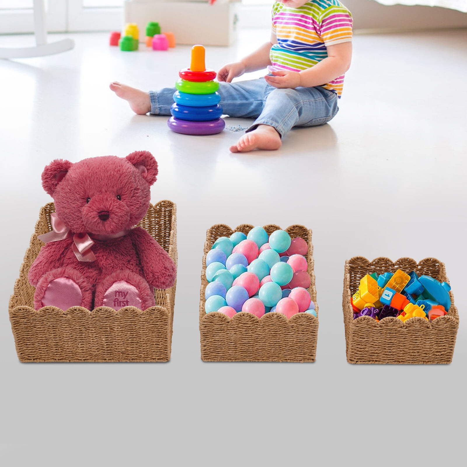 3PCS Rural Rectangle Storage Baskets Scalloped Edge Weaving Basket ...