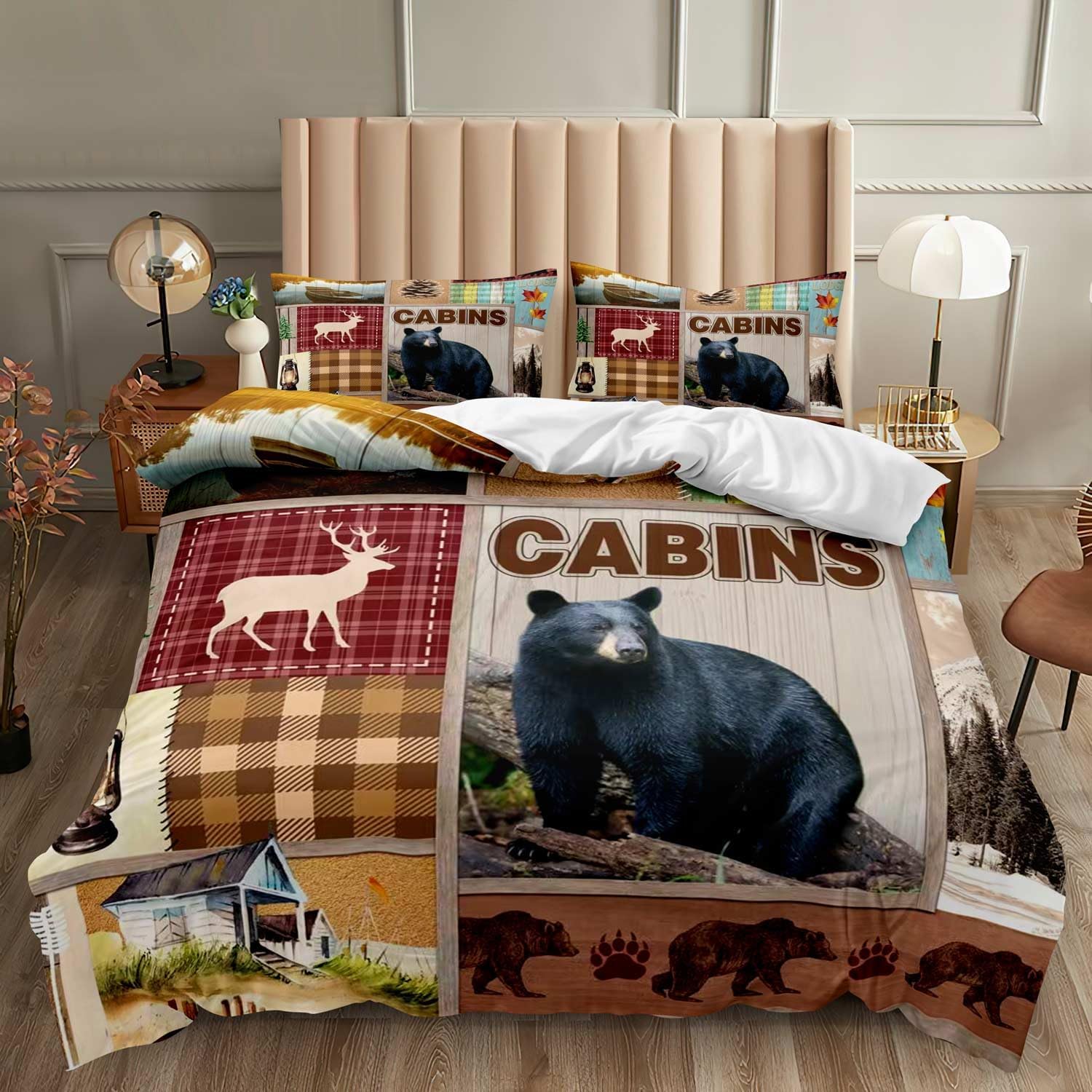 3PCS Rustic Cabin Bedding, Duvet Cover, Black Bear Deer Elk Moose ...
