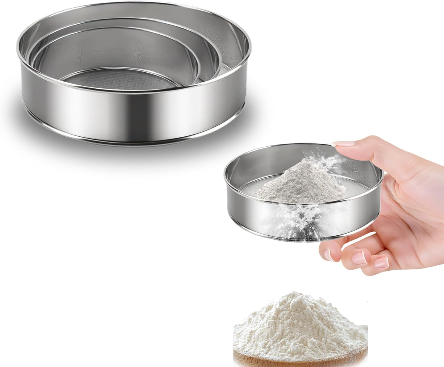 3PCS Sieve Fine Mesh with brush, Stainless Steel Round Sifter for ...