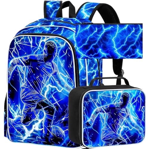 3PCS Soccer Backpack Set for Boys, 17" Lightning Design Bookbag with ...