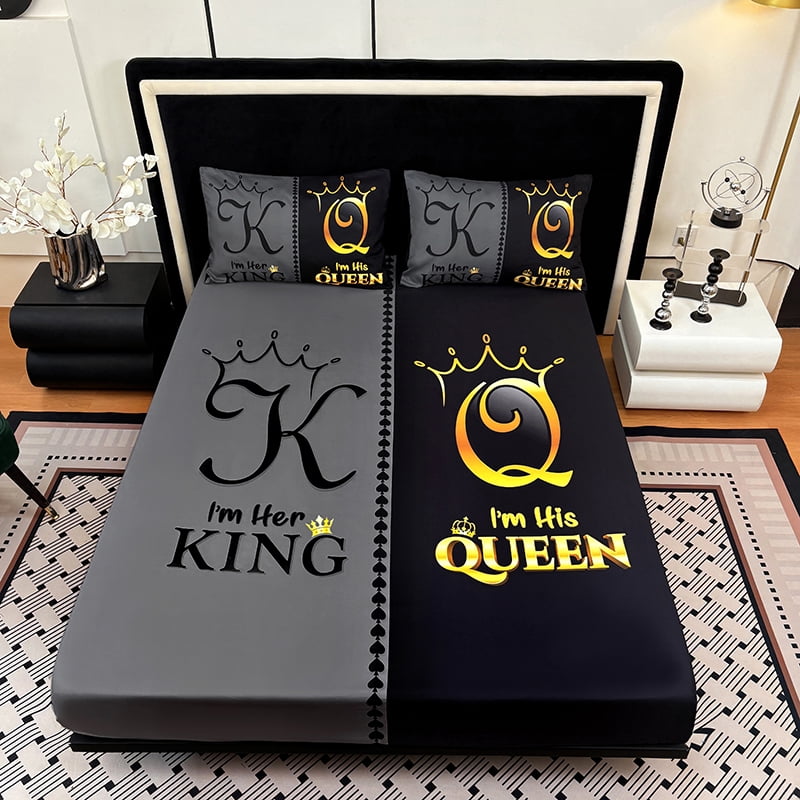 3PCS Soft Black-Grey Color Block Fitted Sheet Set, Crown & Letter Print ...