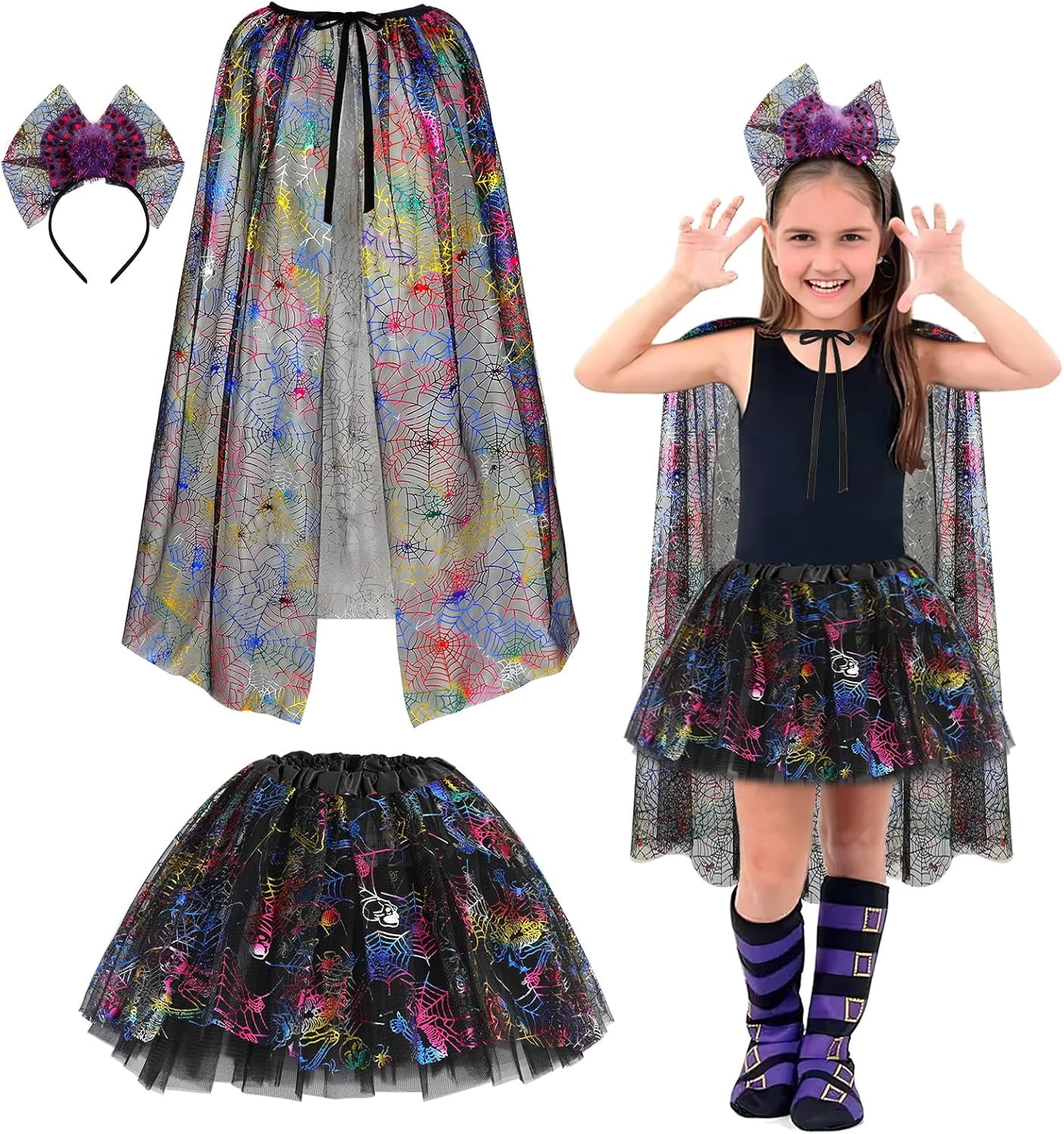 3PCS Spider Costume Set for Kids Girls, Colorful Spider Web Cape ...