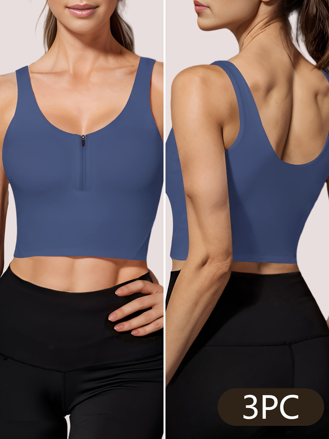 3PCS Sports Bra Longline Zip Front Closure Workout Tops Yoga Crop Tank ...