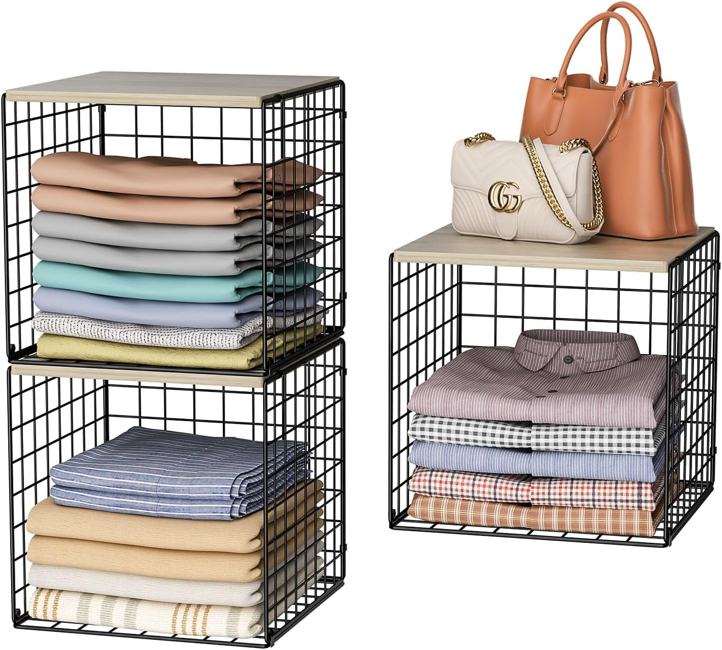 3PCS Stackable Closet Organizers and Storage, Shelves with Wood Top ...